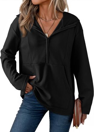 Dokotoo Kapuzenpullover Damen Hoodie Oversize Langarm Rei&szlig;verschluss Half Zip Pullover Sweatshirts mit Taschen Oberteil Warm Weich Fleece Herbst Winter L&auml;ssig