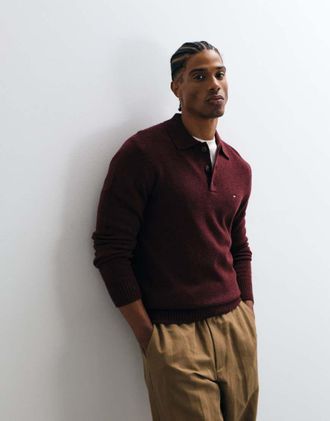 Tommy Hilfiger polo en maille &agrave; manches longues en laine dagneau bordeaux-Rouge