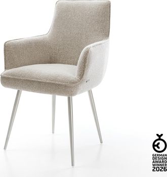 DELIFE Esszimmerstuhl Heira-Flex mit Armlehnen Webstoff Soft Beige 4-Fu&szlig; konisch Edelstahl Taschenfederkern, Esszimmerst&uuml;hle