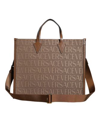 Versace Womens Logo-Jacquard Leather Tote Brown
