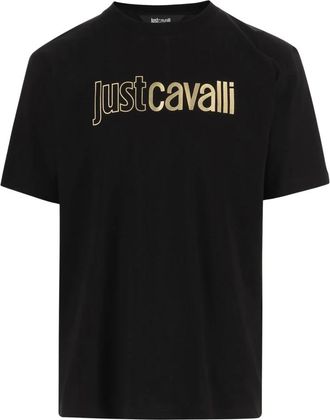 Just Cavalli Homme, Tops, Noir, Taille: XL T-Shirt en Coton avec Logo Imprim&eacute;