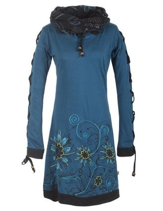 vishes Midikleid Bedrucktes Blumen Kleid mit Schalkragen - Schn&uuml;ren Ethno, Hippi, Boho, Goa Style
