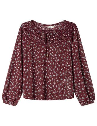 Springfield Damen Printed Long Sleeve Blouse with Ladder Laces Bluse mit Langen &Auml;rmeln, Weinrot, X-Small