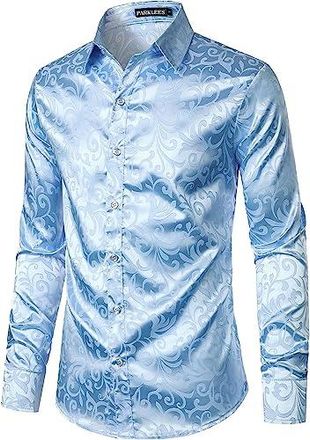 PARKLEES Chemise de luxe à manches longues en jacquard pour homme, coupe ajustée, en satin imitation soie, imprimé floral, chemises pour mariage, bal, bleu cla