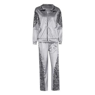 Generico Ensemble de survêtement deux pièces à manches longues pour femme avec imprimé léopard, gris, S