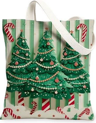 Generic Sacs fourre-tout en toile motif sapin de No&euml;l, sacs d&eacute;picerie r&eacute;utilisables, vintage, l&eacute;gers, lavables, Vert, 13x15 Inch