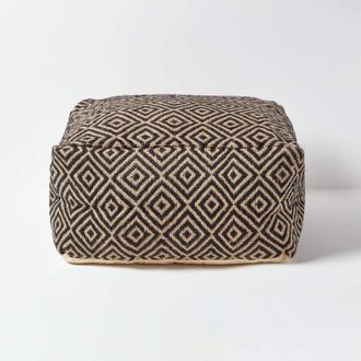 Homescapes Jute Sitzpouf schwarz-Natur im Ethno Style, Sitzsack-Hocker quadratisch 60x30 cm, Sitzquader Bodenkissen mit Rautenmuster