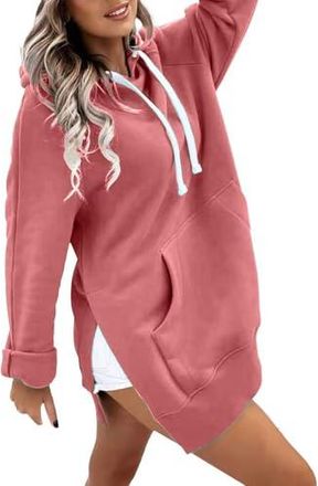 Generic Sweat à capuche chaud surdimensionné avec poches et ourlet fendu - Robe décontractée pour femme - Élégant hiver, rose, XXL