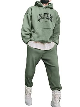 TOMWELL Hommes Survêtement Ensemble 2Pcs Suit Mode Ample Manches Longues Hiver Chaude Lettre Imprimée Sweats à Capuche Et Jogging Pantalons Sportswear Fitness