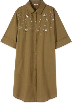Oltre Femme, Robes, Vert, Taille: 42/44 FR Robe-chemise en coton avec ornements de bijoux