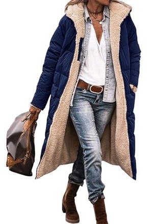 Generic Veste longue réversible doublée en polaire, manteau dhiver surdimensionné en polaire shearling avec capuche, manteaux dhiver à capuche épais et chauds