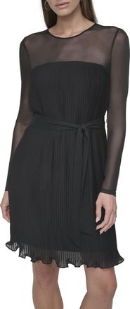 DKNY Womens Dresses,L/S MESH W/Pleated, Black,12