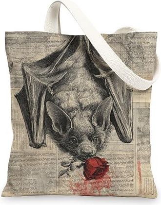 Generic Sacs fourre-tout vintage en toile chauve-souris, design artistique chauve-souris, sacs dépicerie réutilisables, légers et lavables avec bandoulière, B
