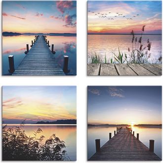 Artland Wanddeko Strandbilder Leinwand Bilder Set 4 tlg. je 30x30 cm Quadratisch Wandbilder Landschaft Gewässer See Pier Abend Schilf Sonne K2JK