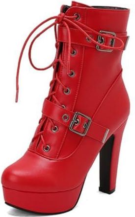 Generic Bottines &Agrave; Lacets Femme avec Bout Rond Dessus en Cuir PU Talons Hauts Plateforme Brides &Agrave; Boucle &Agrave; Enfiler Chaussures Habill&eacute;es Soir&eacute;e,Rouge,37.5 EU
