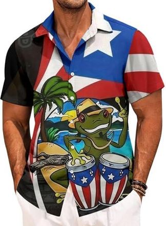 Generic Chemise hawa&iuml;enne pour homme, grenouille drapeau de Porto Rico | Chemise d&eacute;contract&eacute;e boutonn&eacute;e d&eacute;t&eacute; imprim&eacute;e | &Agrave; porter au quotidien, Drapeau de vaca
