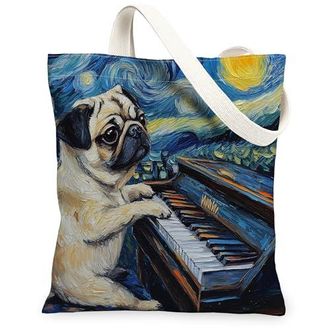 Generic Sac fourre-tout en toile motif carlin pour faire du shopping, 33 x 38,1 cm, motif piano &eacute;toil&eacute;, sac d&eacute;picerie r&eacute;utilisable, sac &agrave; bandouli&egrave;re pour fem