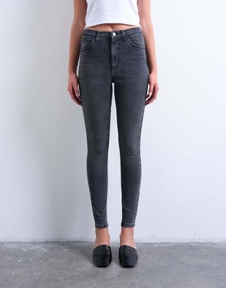 Topshop Jamie - Jean skinny &agrave; taille haute - Noir d&eacute;lav&eacute;