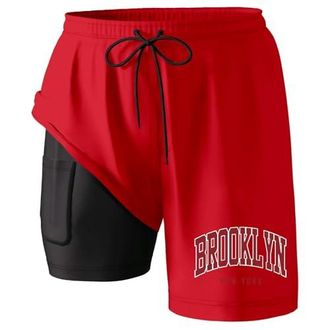 Generic Maillot de bain pour homme avec doublure de compression, couture int&eacute;rieure, short de bain, maillot de bain avec poches, rouge, 5XL