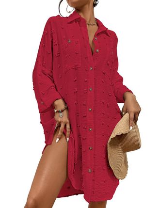 Bsubseach Badeanzug Coverup f&uuml;r Frauen Badeanzug Cover Up Button Down Shirt Kleider Swiss Dot Rot