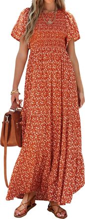 PrettyGarden Damen 2024 Sommer Casual Flattern Kurzarm Boho Floral Maxikleid Rundhals gesmokte gestufte Lange Kleider, Orange/Abendrot im Zickzackmuster (Sunset Ch