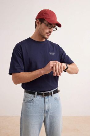 Trendyol MAN Herren Dunkelblau Slogan Kurz Oversize T-Shirts
