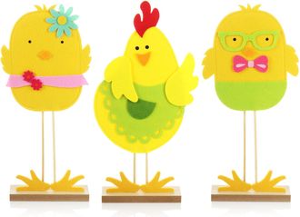 Com-Four 3X Deko Aufsteller Huhn - Osterdekoration aus Filz und Holz zum Hinstellen - Niedliche Filz-Hühner [Auswahl variiert] (3 Stück - bunt 40cm)