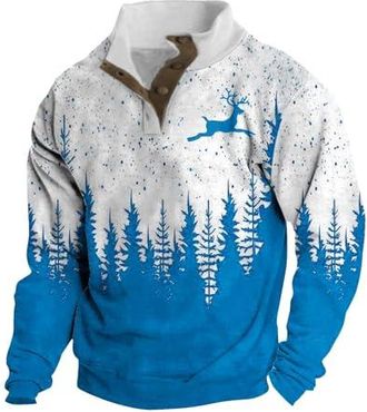 Generic Pull de Noël pour homme - Imprimé Père Noël renne - Doublure en polaire - Pull de Noël 2025 à revers boutonné - Manches longues - Flocon de neige, Ble
