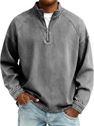 Generic Sweat-shirt dext&eacute;rieur &agrave; fermeture &eacute;clair quart pour homme, col montant, pull &agrave; manches longues, pull d&eacute;contract&eacute; &agrave; fermeture &eacute;clair 1/4, gris, 5XL