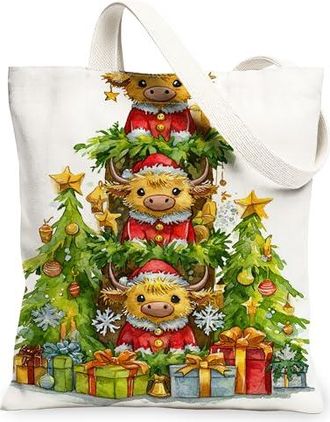 Generic Sacs fourre-tout en toile avec motif animaux de No&euml;l, adorables sacs d&eacute;picerie r&eacute;utilisables, l&eacute;gers et lavables avec bandouli&egrave;re, blanc, 13x15 Inch