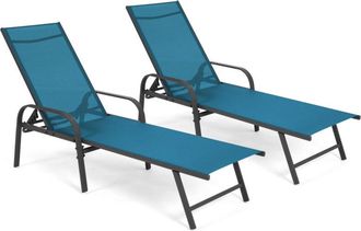 IDMarket Lot de 2 transats de jardin inclinables FIDJI en acier gris anthracite et toile bleu canard