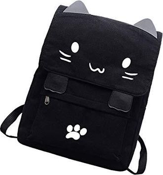 HUI JIN Sac &agrave; dos en toile pour femme Motif chat mignon brod&eacute; Noir 30 x 42 x 12 cm