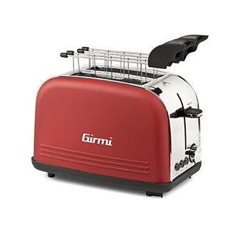 Girmi TP5702 - Grille-Pain, 800 W, Corps et Pinces en Inox, Fentes Larges, Minuteur, 8 Niveaux de Cuisson, Arrêt Automatique, Ramasse-Miettes, Rouge