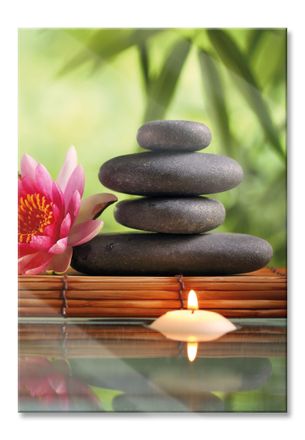 Pixxprint Glasbild, Wandbild aus Echtglas, Seerose mit Zen Steinen und Kerzen, 70x100 cm, inkl. Aufh&auml;ngung und Abstandshalter