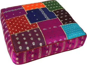 Guru Shop Orientalisches Eckiges Patchwork Kissen 40 cm, Sitzkissen, Bodenkissen mit Baumwollf&uuml;llung - Lila/bunt, Synthetisch