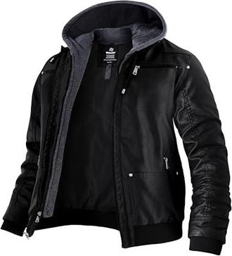 Wantdo Homme Blouson Cuir Veste mi Saison Cuir Veste Hiver Simili Cuir Veste Capuche Noir(mince)-N Xxl