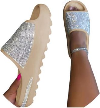 Onsoyours Chaussons Femme Paillettes Strass Sandales De Plage Confortable Plates Chaussons DÉté Pantoufles Chaussure De Plage A Abricot 42 EU