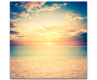 Paul Sinus Art Strand im Sonnenuntergang - Vintage Leinwandbild quadratisch 90x90cm