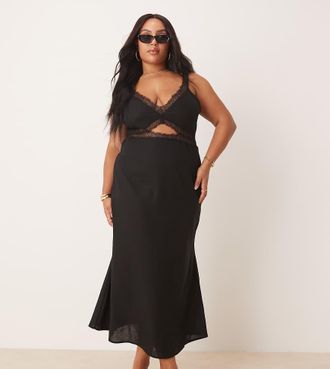 Never Fully Dressed Plus Mimi - Midaxi-Kleid aus schwarzem Leinen mit Zierausschnitt