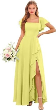 Generic Robe de demoiselle dhonneur à manches courtes en mousseline de soie avec fente et col carré, robe dinvitée de mariage, robe formelle pour mariage, jau