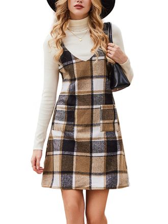 Cupshe Damen Latzrock V Ausschnitt Hosenträger Taschen Karomuster A Linie Latzkleid Overallkleid Freizeitkleider Plaid Mini Dress Khaki Karo XL