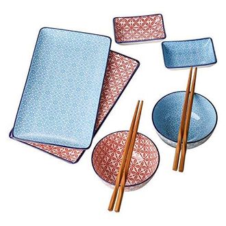 VANCASSO série Macaron, Service à Sushi en Porcelaine pour 2 Personnes, 2 Assiettes Longues, 2 Bols à Soupe, 2 Paires de Baguettes, 2 Saucières, Style Exotique