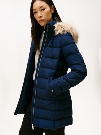 Tommy Hilfiger Steppmantel TOMMY HILFIGER MW DOWN SLIM COAT WITH FUR, Damen, Gr. XXL (44), blau (schwarz night navy), Steppware, Obermaterial: 100% Polyester, unifar