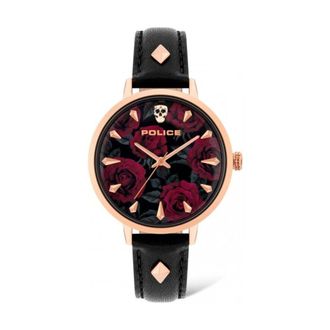 Police Femme, Accessoires, Noir, Taille: ONE Size Montre en cuir noir quartz analogique rose