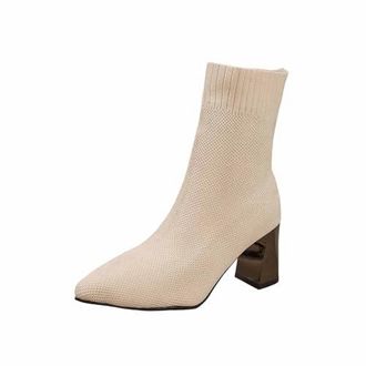 Generic Bottines pour femme en tricot extensible - Couleur unie - Bout pointu - Talon bloc - Confortables - Classiques - &Eacute;l&eacute;gantes et d&eacute;contract&eacute;es, beige, 38