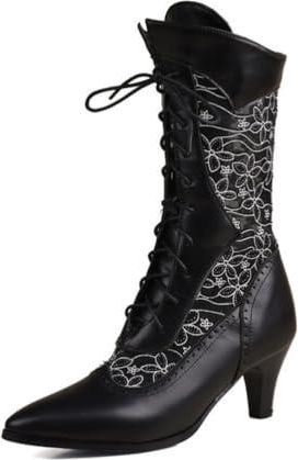 Generic Bottes Mi - Mollet Femme Bout Pointu Lacets Dentelle Florale Maille Talons Aiguilles Zip Robe De Soirée Fête Prom Bottes,Noir,45 EU