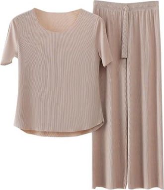 Generic Vetement Femme Ete Deux Pièces Ensembles Pajamas Printemps Coton Loungewear Basics Womens Leger Sets Pajama Haut Manches Courtes Pantalon Capri Costum