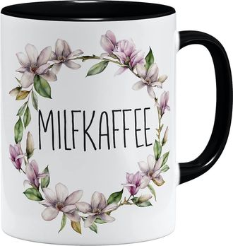 OM3 witzige Milfkaffee Milf Kaffee-Tasse mit Spruch - blumig Blümchen - Keramik Becher - 325ml - Beidseitig Bedruckt - Schwarz