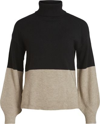 Vila Damen Viril Blocking Roll-nk L/S Knit Top-noos Strickpullover 14084235,Black/Detail:Natural Melange Rib,XS