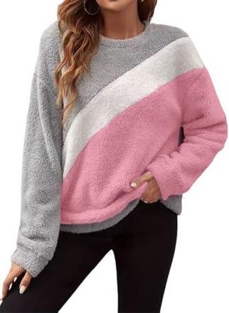 ORANDESIGNE Sweatshirts Polaire Femme Hiver Pull Peluche Chaud Sweat sans Capuche Sweat-Shirt Col Rond Haut de Pyjama A Rouge Rose L